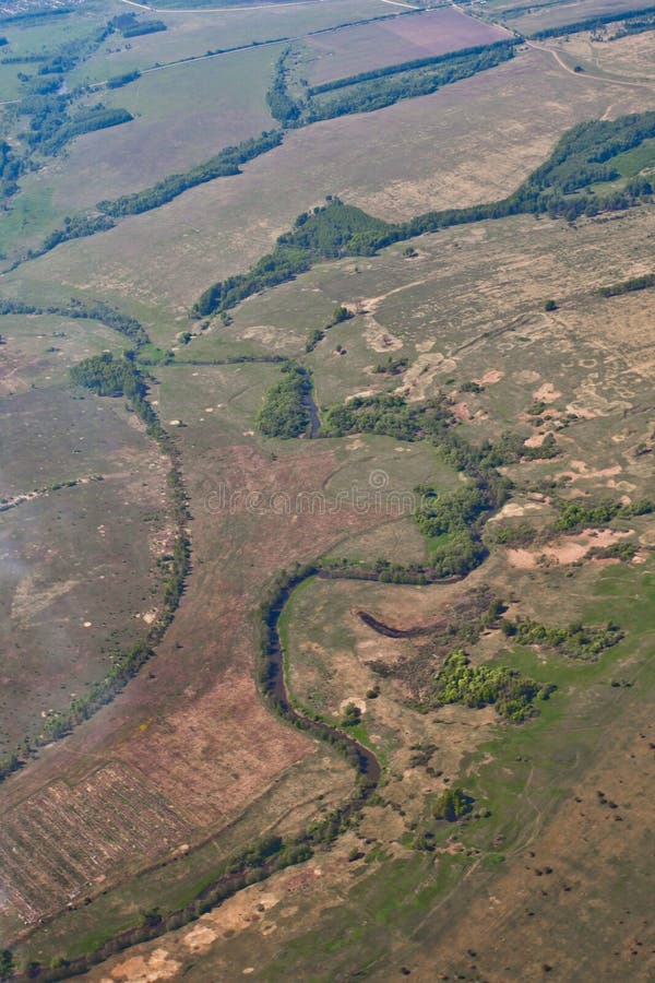 Flight Over the Plain with Rivers, Fields and Forests. Stock Image ...