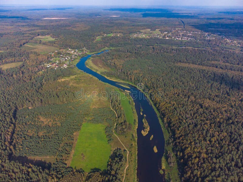 Flight Over the River, River in the Forest from a Bird Eye View Stock ...