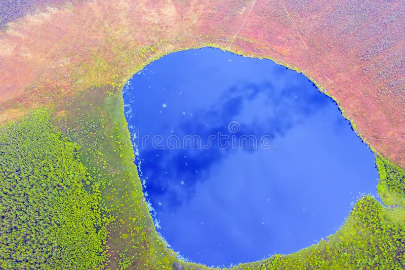 Flight Over Taiga Blue Forest Lake. View from Above Stock Image - Image ...