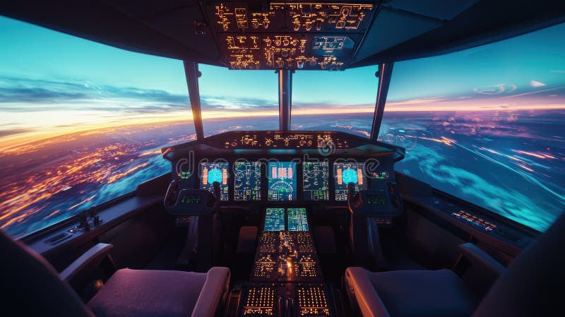 A Flight Simulator Cockpit with Multiple Screens and Controls Stock ...