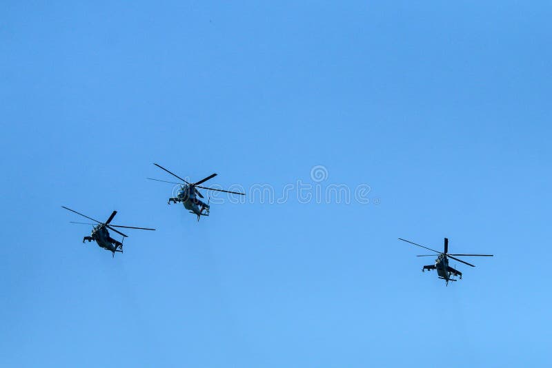 The Flight of Three Soviet Battle Helicopters Stock Photo - Image of ...