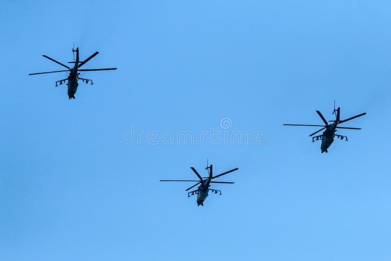 The Flight of Three Soviet Battle Helicopters Stock Photo - Image of ...