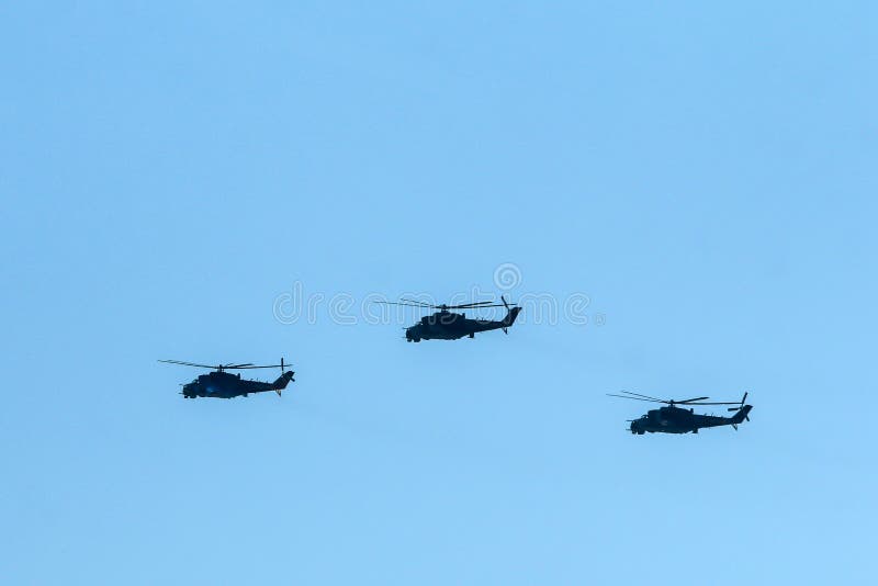The Flight of Three Soviet Battle Helicopters Stock Image - Image of ...