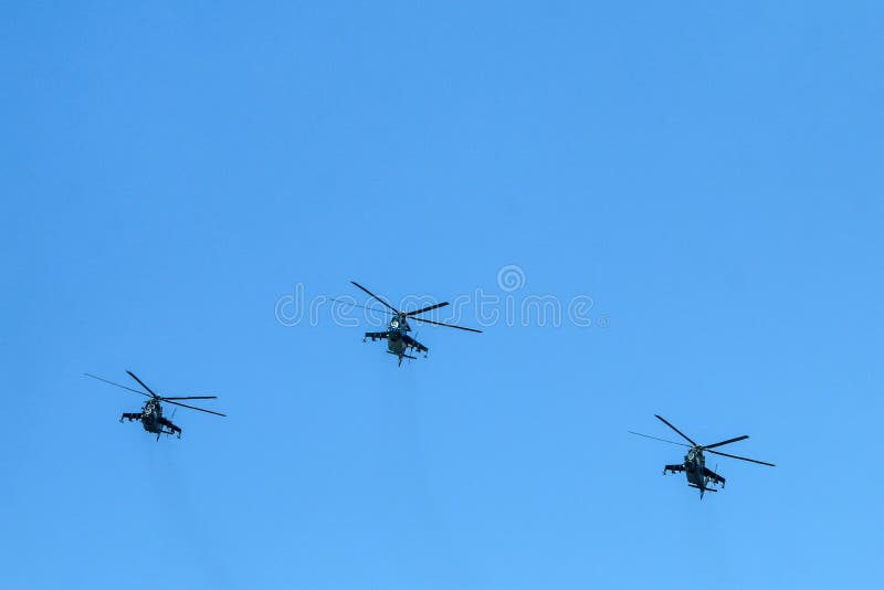 The Flight of Three Soviet Battle Helicopters Stock Photo - Image of ...