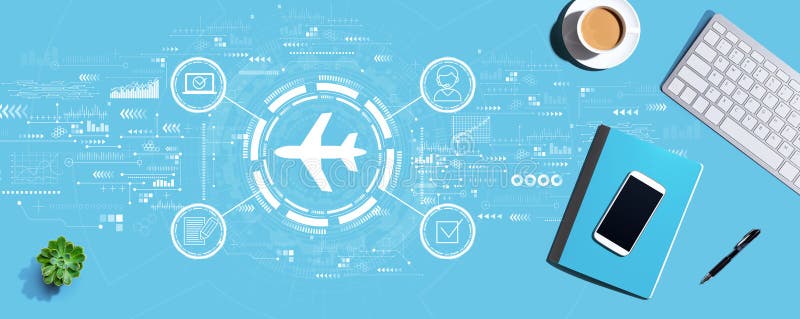 Flight Ticket Booking Concept with Computer Keyboard and Office Items ...