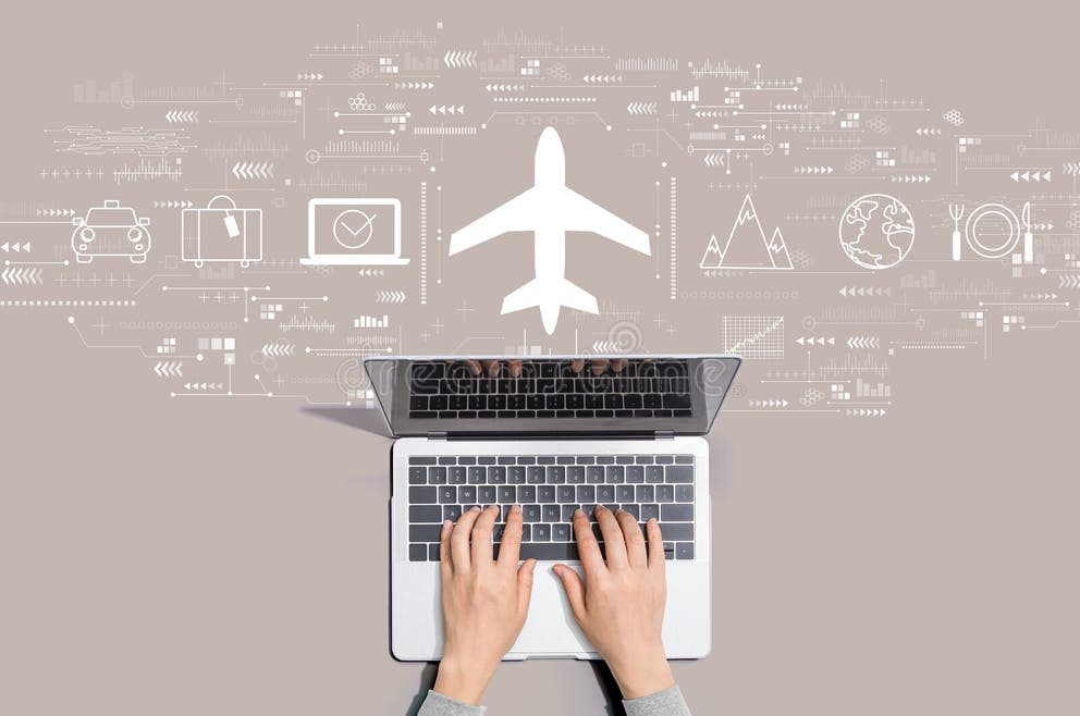 Flight Ticket Booking Concept with Person Using Laptop Stock Photo ...