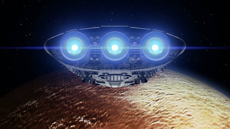 Alien Spaceship is Approaching Earth. Engines Flashing, 3d Animation ...