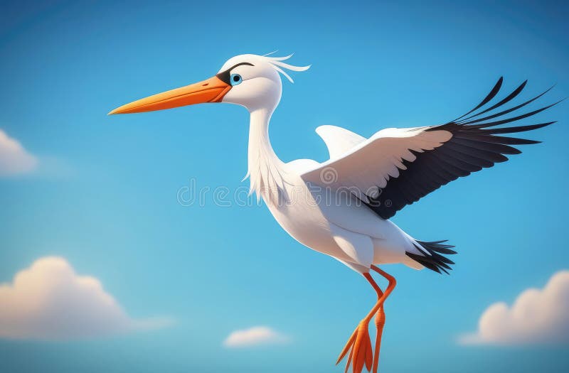 Flight of White Stork in Blue Sky with Clouds on Sunny Day, Vibrant ...