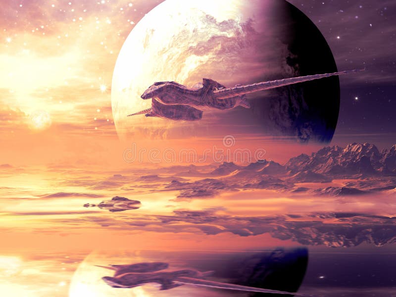 Spaceship Flying Over An Alien Planet Landscape Stock Illustration ...