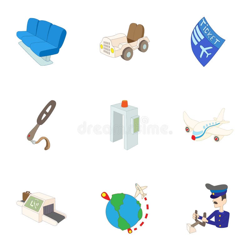Flights Icons Set, Cartoon Style Stock Vector - Illustration of arrival ...