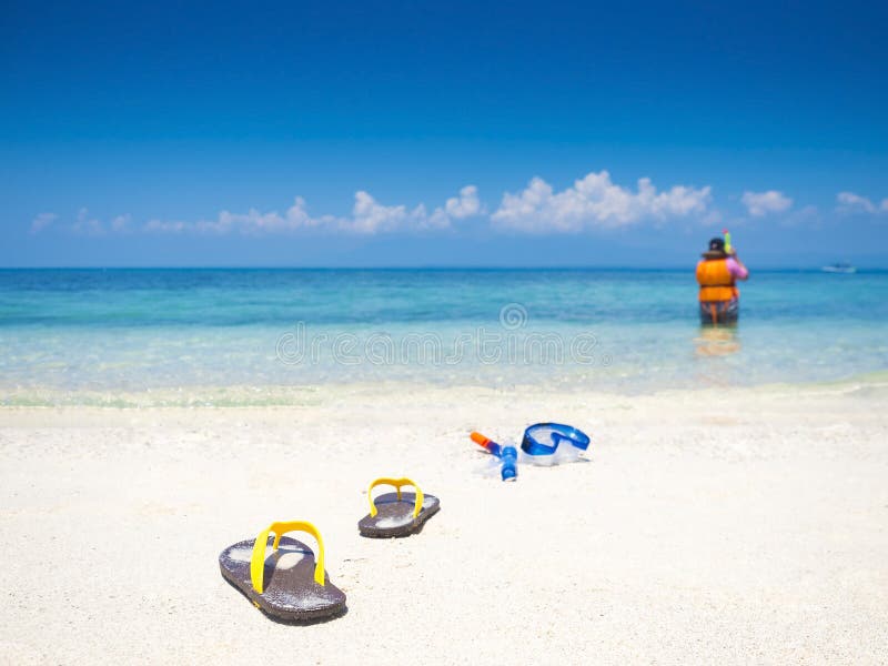 Flip Flop and Dive Equipment on White Sand Beach Stock Photo - Image of ...