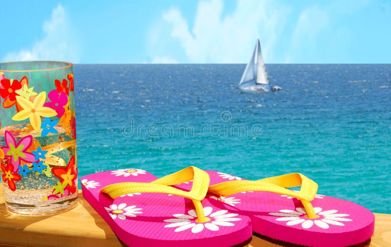Flip Flops and Drink Overlooking Ocean Stock Image - Image of beverage ...
