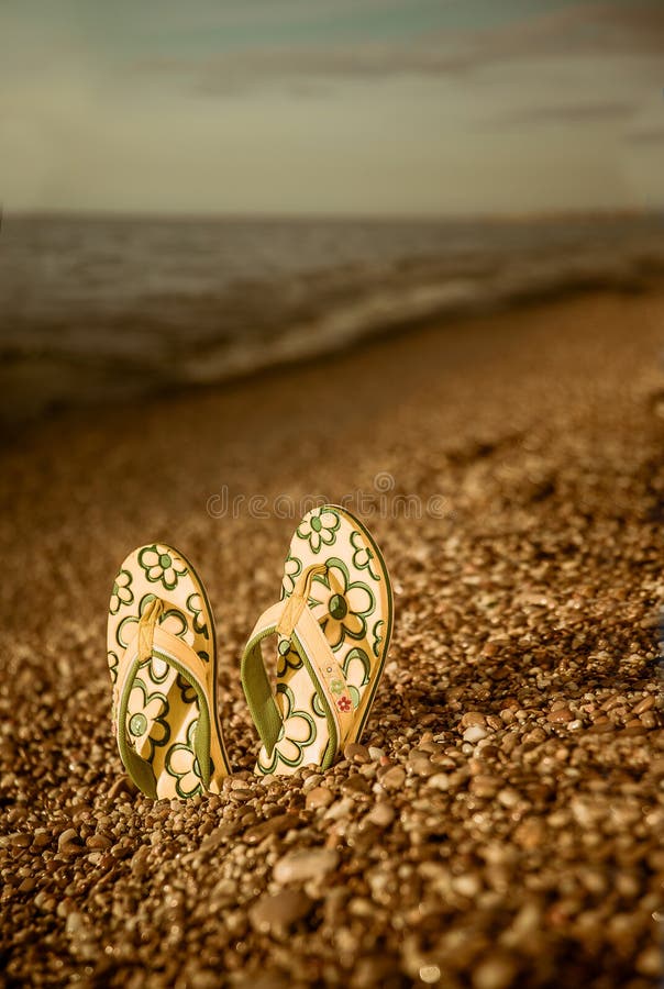 Flip Flops in the Sand on the Beach Stock Photo - Image of sandy ...