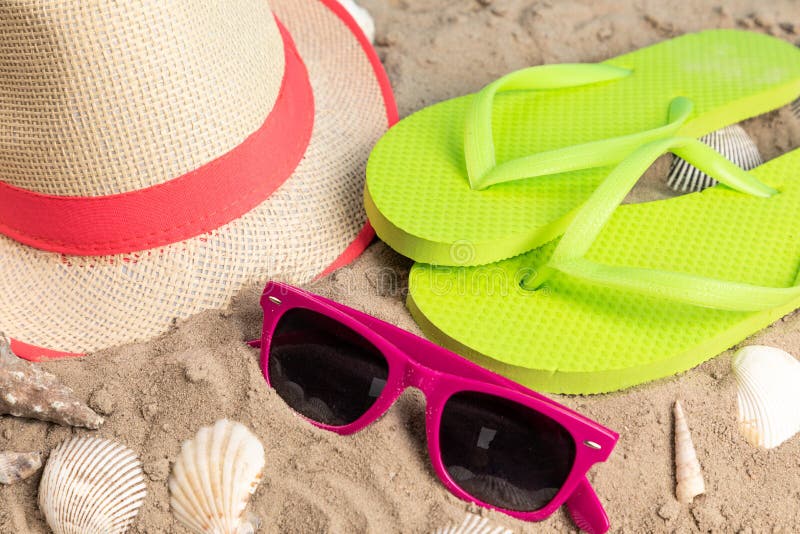 Flip Flops with Sunglasses and Strand Hat Stock Photo - Image of summer ...