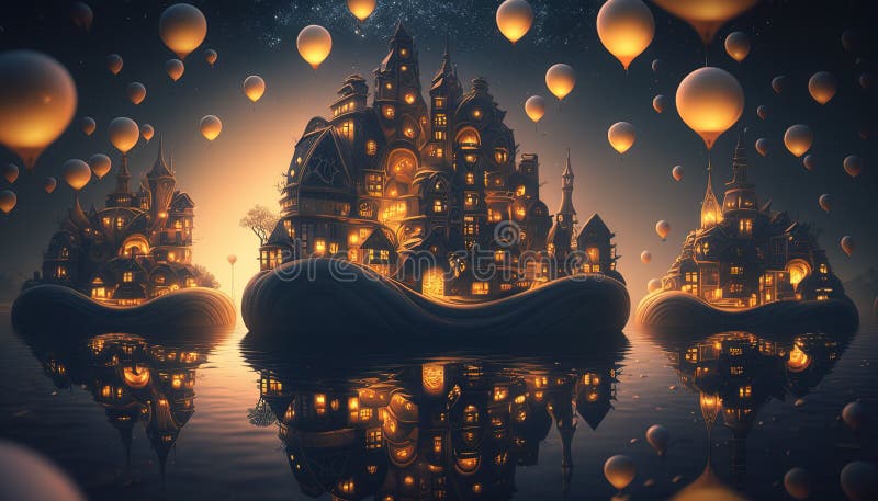 Float City. Surreal Fantasy Landscape Stock Illustration - Illustration ...