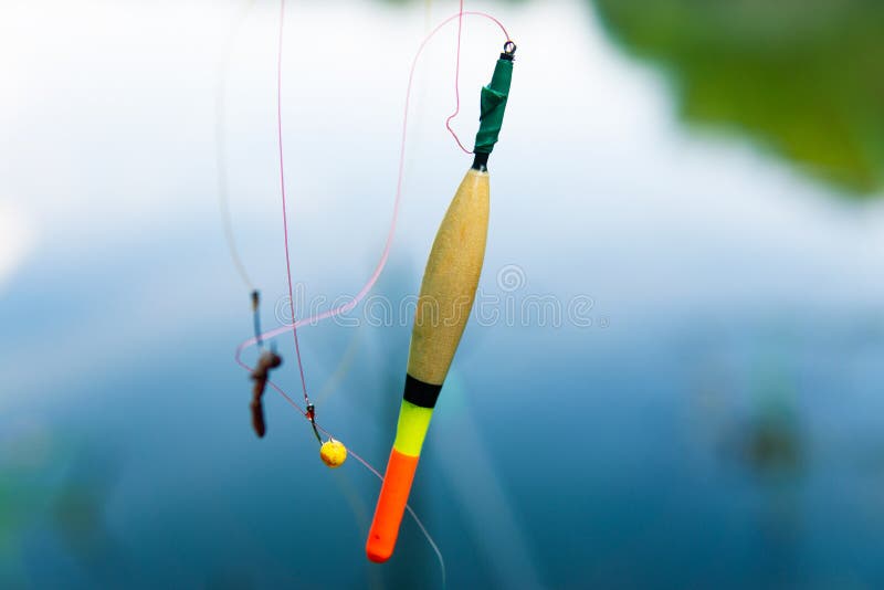 Float and Fishing Hooks with Bait Hanging on a Fishing Line Stock Image ...