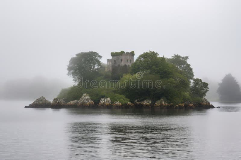 Float Island with Castle Turret, Surrounded by Mist Stock Illustration ...