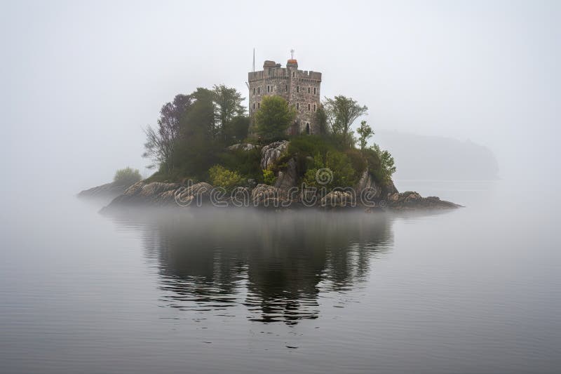 Float Island with Castle Turret, Surrounded by Mist Stock Illustration ...