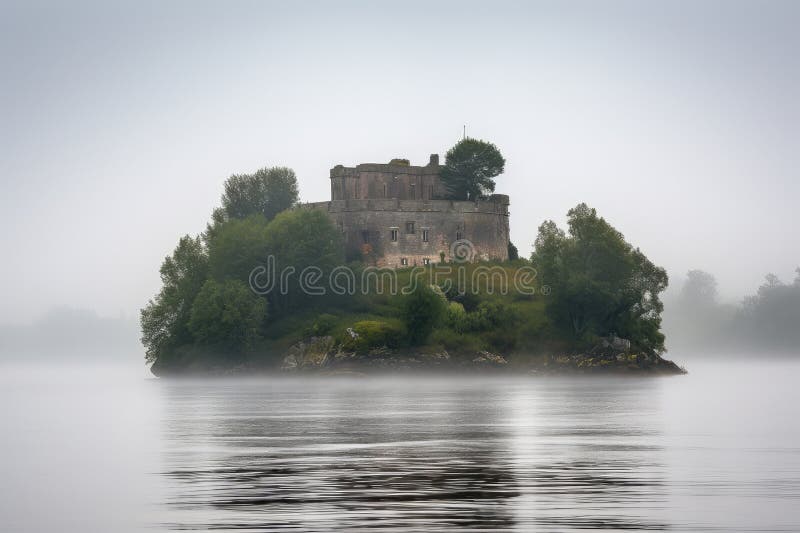 Float Island with Castle Turret, Surrounded by Mist Stock Illustration ...