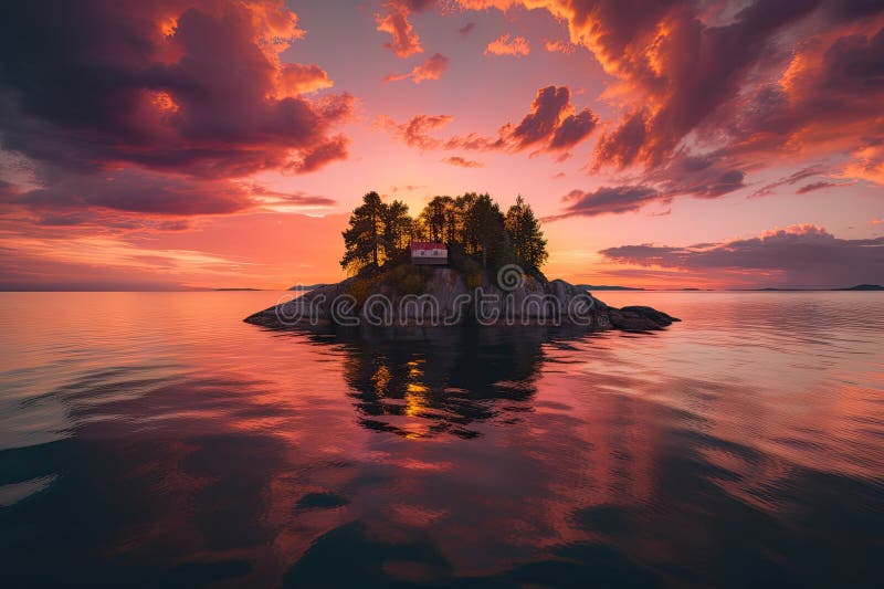 Float Island with Sunset, Surrounded by Orange and Pink Sky Stock ...