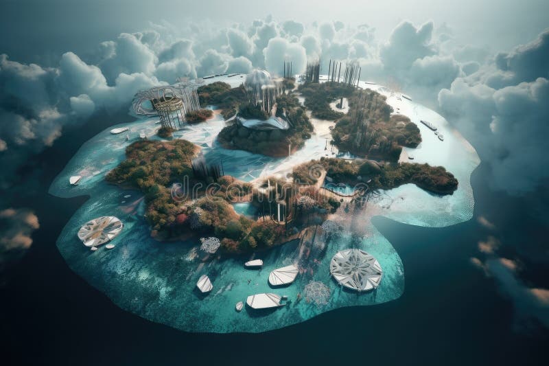 Float Island Surrounded by Abstract Shapes and Patterns Stock ...