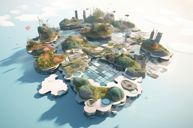 Float Island Surrounded by Abstract Shapes and Patterns Stock ...