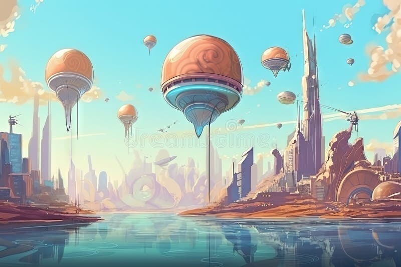 Float Landscape with Flying Creatures and Futuristic City in the ...