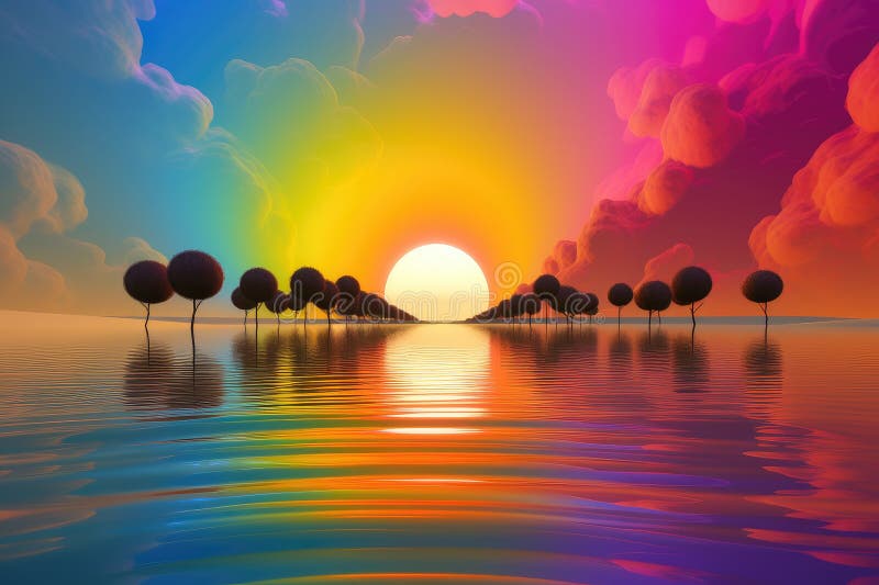 Float Landscape with Surreal Rainbow Sky and Sun Setting Stock ...