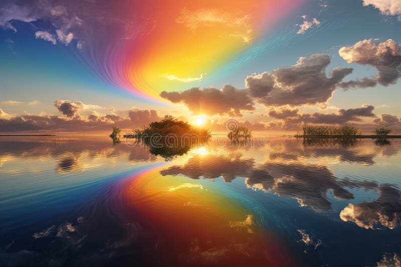 Float Landscape with Surreal Rainbow Sky and Sun Setting Stock ...