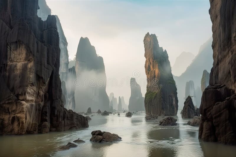 Float Landscape with Towering Vertical Rock Formations, Waterfalls and ...