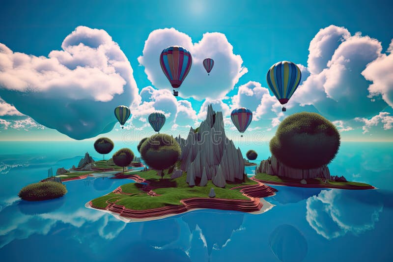 Float Landscape with Vibrant Blue Sky and Clouds, Surrounded by Surreal ...