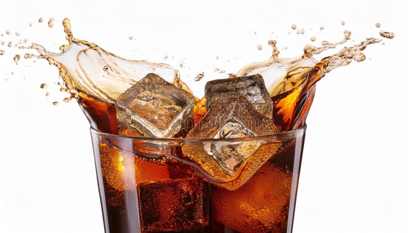 Floated Coca with Ice Cubes Splash Falling into a Glass Isolate on ...