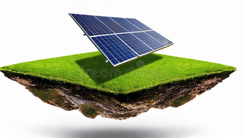 Floated Green Grass Island with Solar Panel in the Air Isolate on White ...