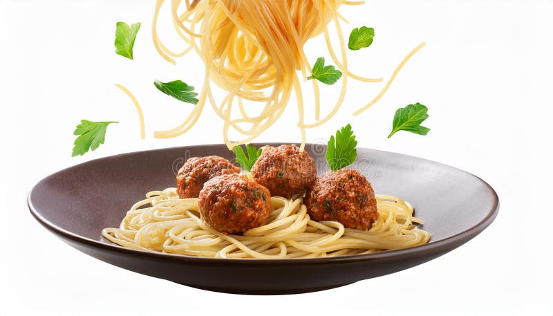 Floated Spaghetti Pasta with Meatballs Falling into a Plate Isolate on ...