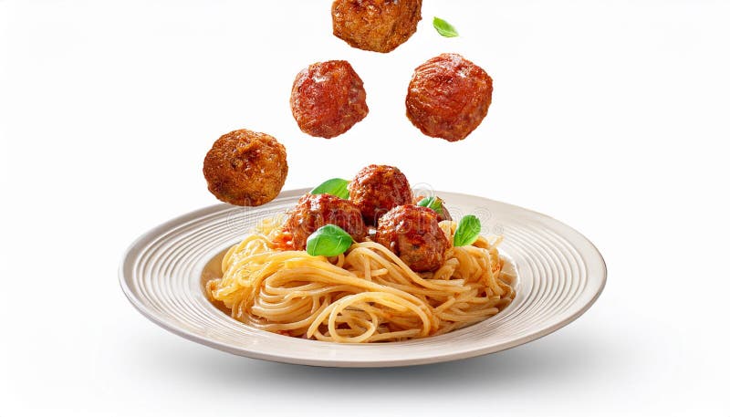 Floated Spaghetti Pasta with Meatballs Falling into a Plate Isolate on ...