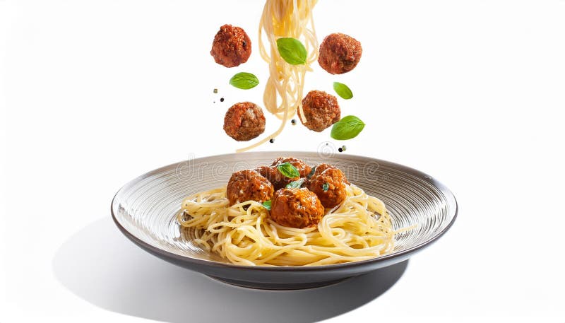 Floated Spaghetti Pasta with Meatballs Falling into a Plate Isolate on ...