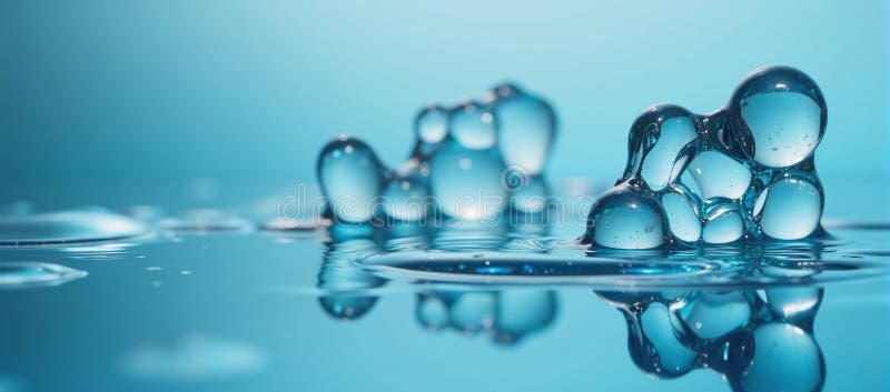 Floating Abstract Glass Molecules in Blue Liquid Against Blurred ...