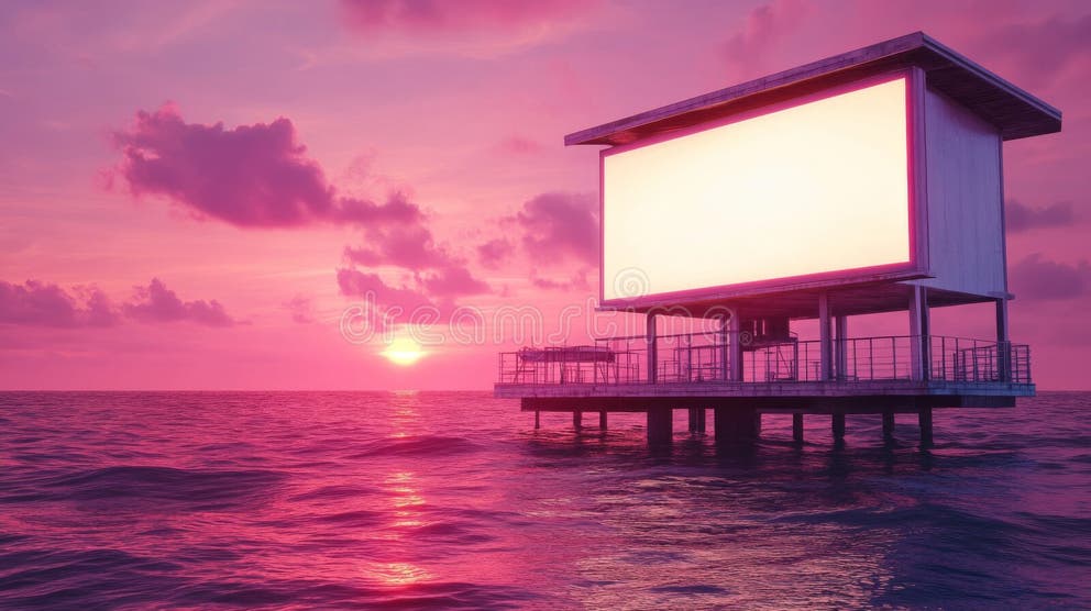 Floating Advertisement Platform at Pink Sunset Over Ocean Stock ...