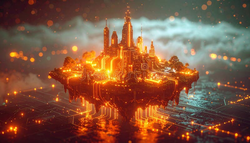 Floating AI Circuit Island in Abstract Digital Space. AI Themed ...