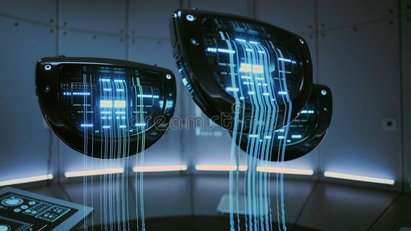 Floating AI Cores Streaming Vertical Data Ribbons, Curved Displays Drip ...