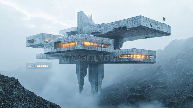 Floating Alien Brutalist Architecture Illuminated in Soft Blue Light ...