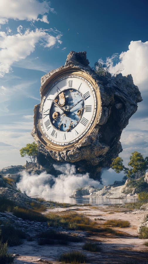 Floating Ancient Clock Embedded in a Massive Rock Formation Stock Photo ...