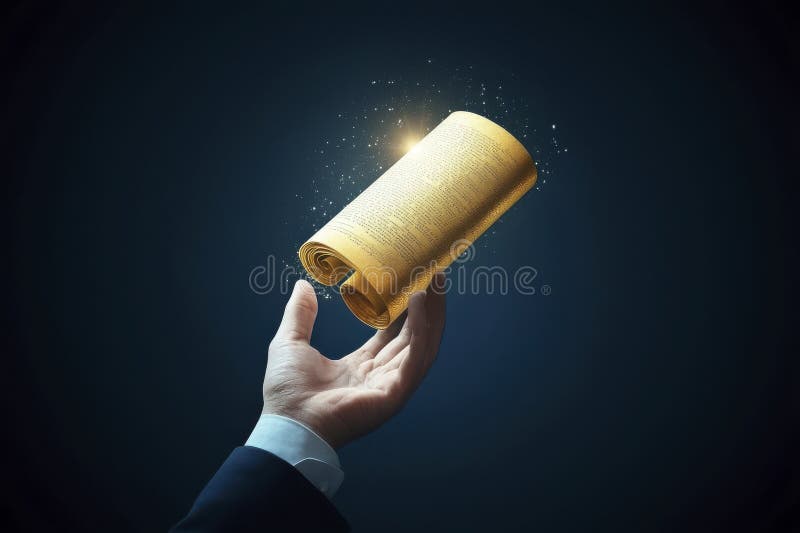 Floating Ancient Scroll with Illuminated Text in Hand Against Dark ...