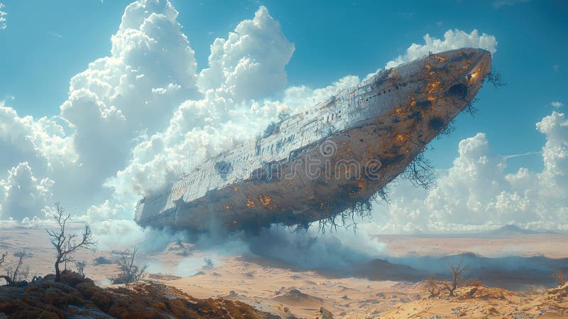 Floating Ancient Shipwreck Over Desert with Clouds and Trees Stock ...