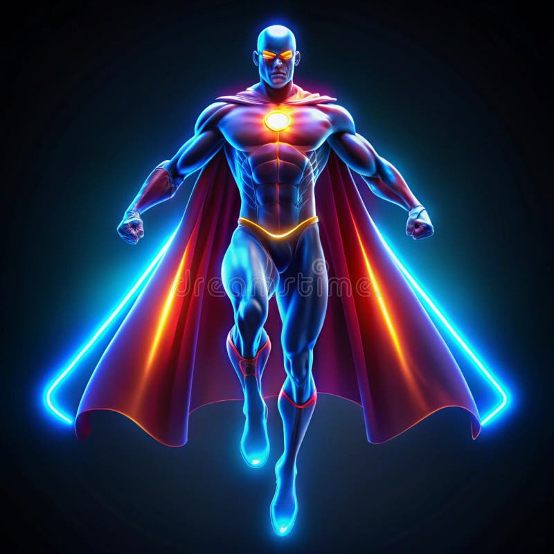 Floating Animated Superhero with Neon Glowing Cape Stock Illustration ...