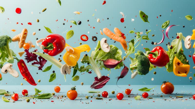 Floating Array of Vegetables Including Broccoli, Peppers, and Lettuce ...