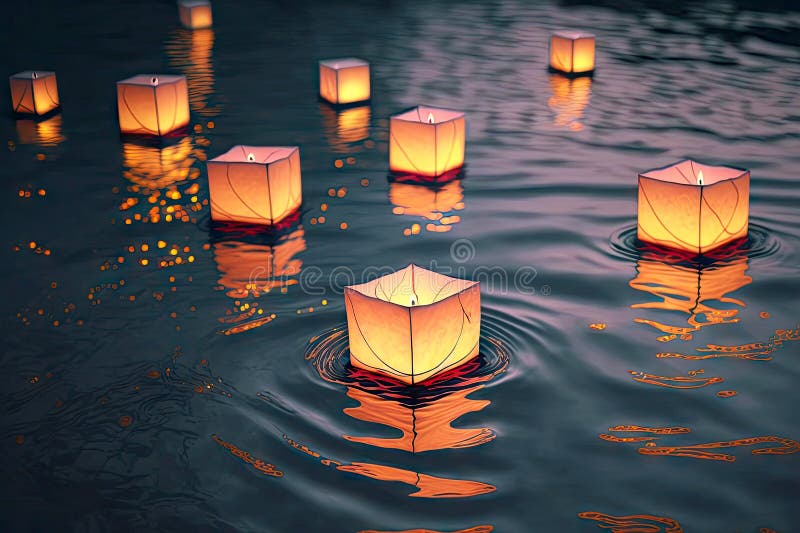 Floating Asian Lanterns of Rectangular Shape Floats on Surface of Water ...