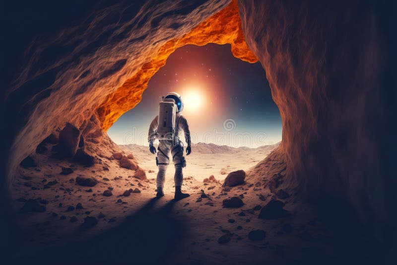 Floating Astronaut Climbing into Cave on Large Unexplored Planet with ...