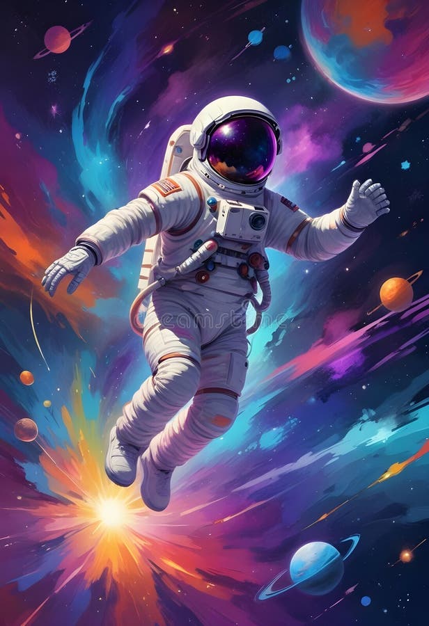 Floating Astronaut in Colorful Cosmic Space with Nebula Planets Saturn ...