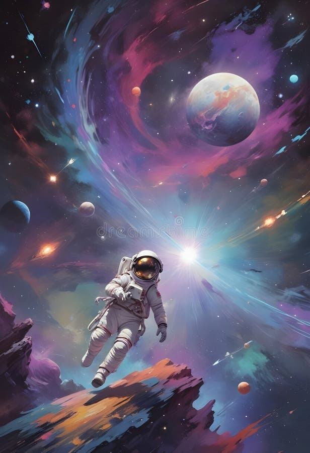 Floating Astronaut in Colorful Cosmic Space with Nebula Planets Saturn ...